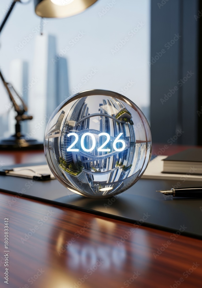 Crystal Ball Prediction for 2026 - A crystal ball shows the year 2026, reflecting a cityscape in ...