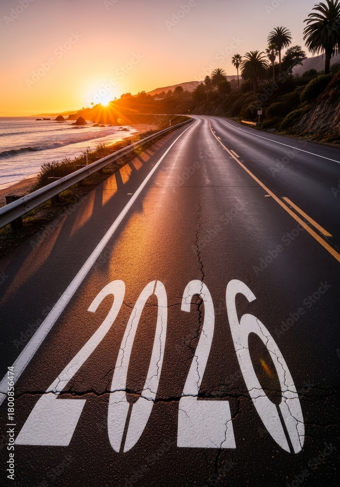 Road to the Year 2026 - A scenic road leads towards a vibrant sunset ...