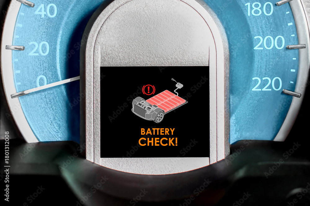 Car dashboard shows a critical Battery Check warning light. Essential ...