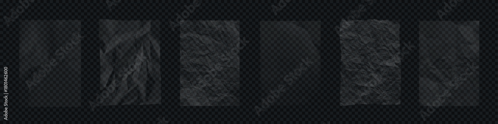 Transparent crumpled plastic textures. Set of wrinkled clear film ...