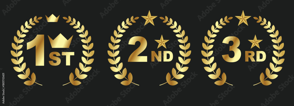 Golden laurel wreaths with numbers and text, representing first, second ...