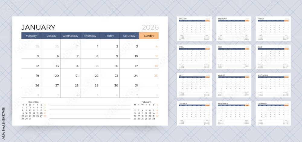 2026 calendar. Planner template. Week starts Monday. Desk schedule grid ...