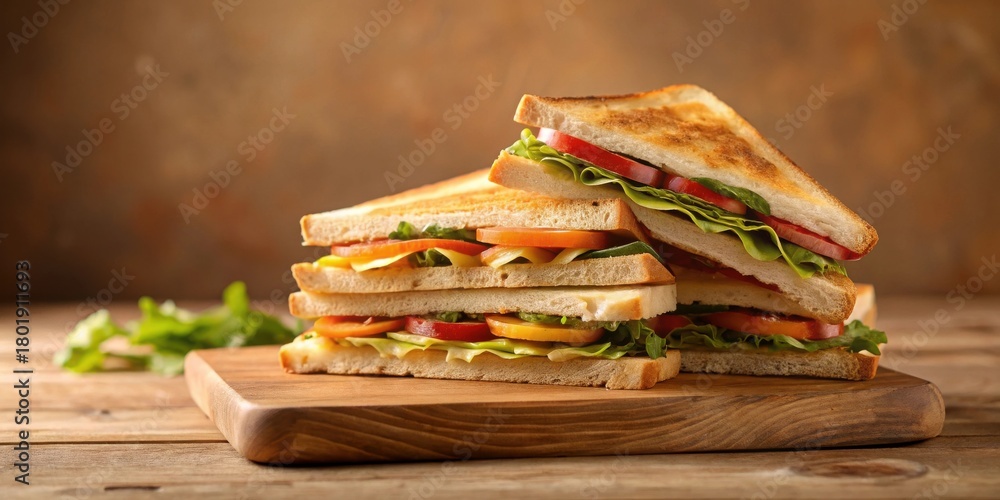 A delectable stack of toasted sandwiches layered with fresh vegetables ...
