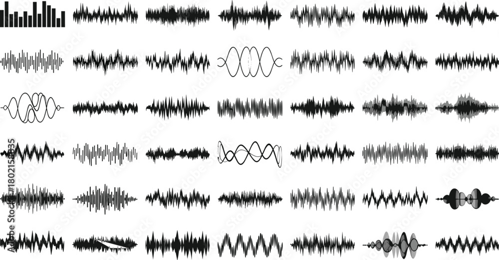 Collection of diverse abstract audio waveforms and sound amplitude ...