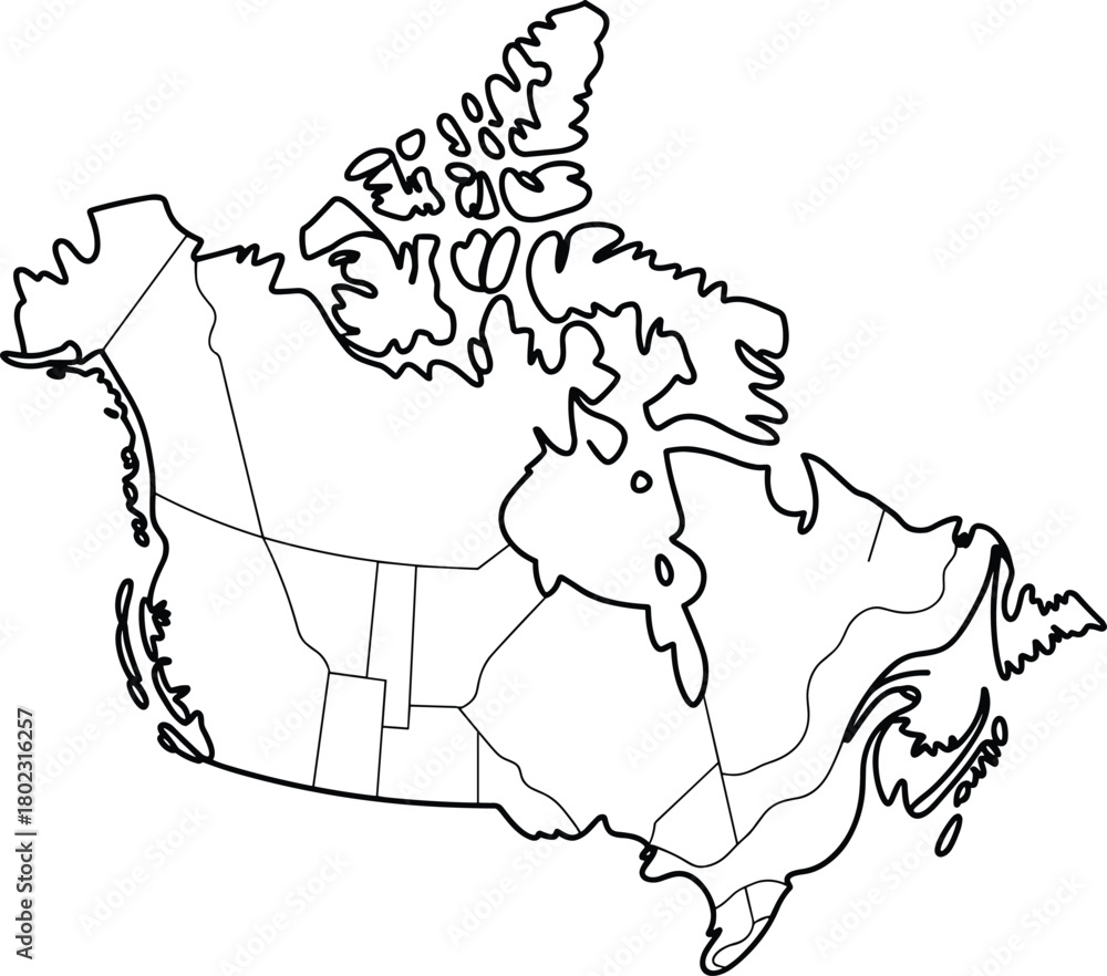 Simple black and white outline map of Canada showing provinces and ...