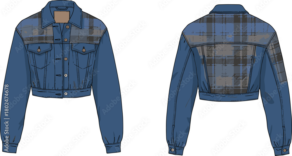 Cropped denim jacket, plaid pattern, front and back view, fashion ...