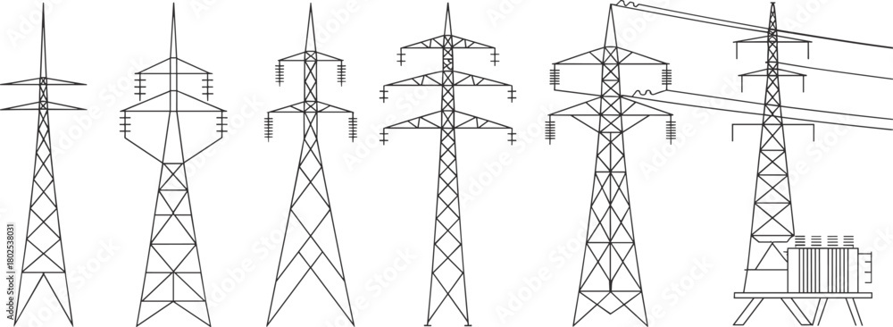 Transmission towers and transformer, electrical grid components, power ...