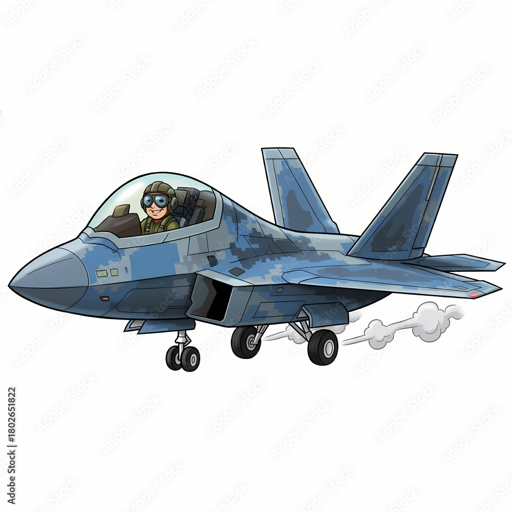 Cartoon illustration of a modern fighter jet (like the F-22 or F-35 ...