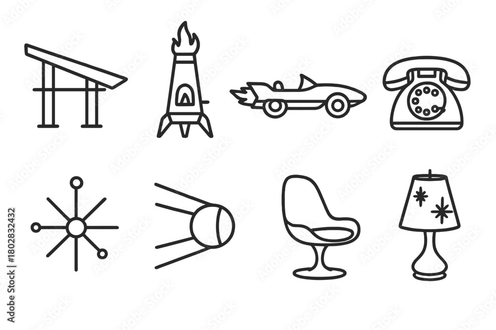 Retro Atomic Icons. Line style icons of Atomic Age: Googie Roof, Rocket ...