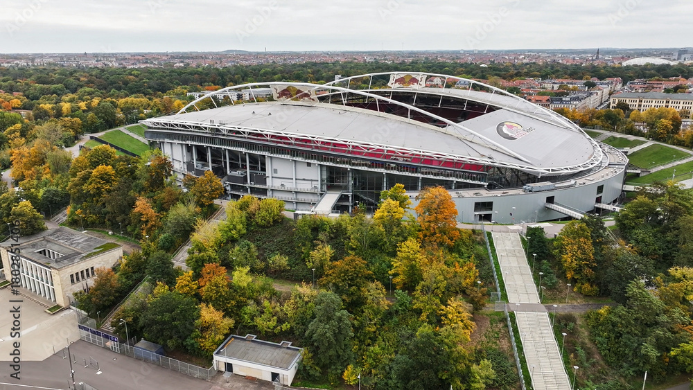 Telephoto, side view of RB Leipzig Arena west entrance, stadium ...