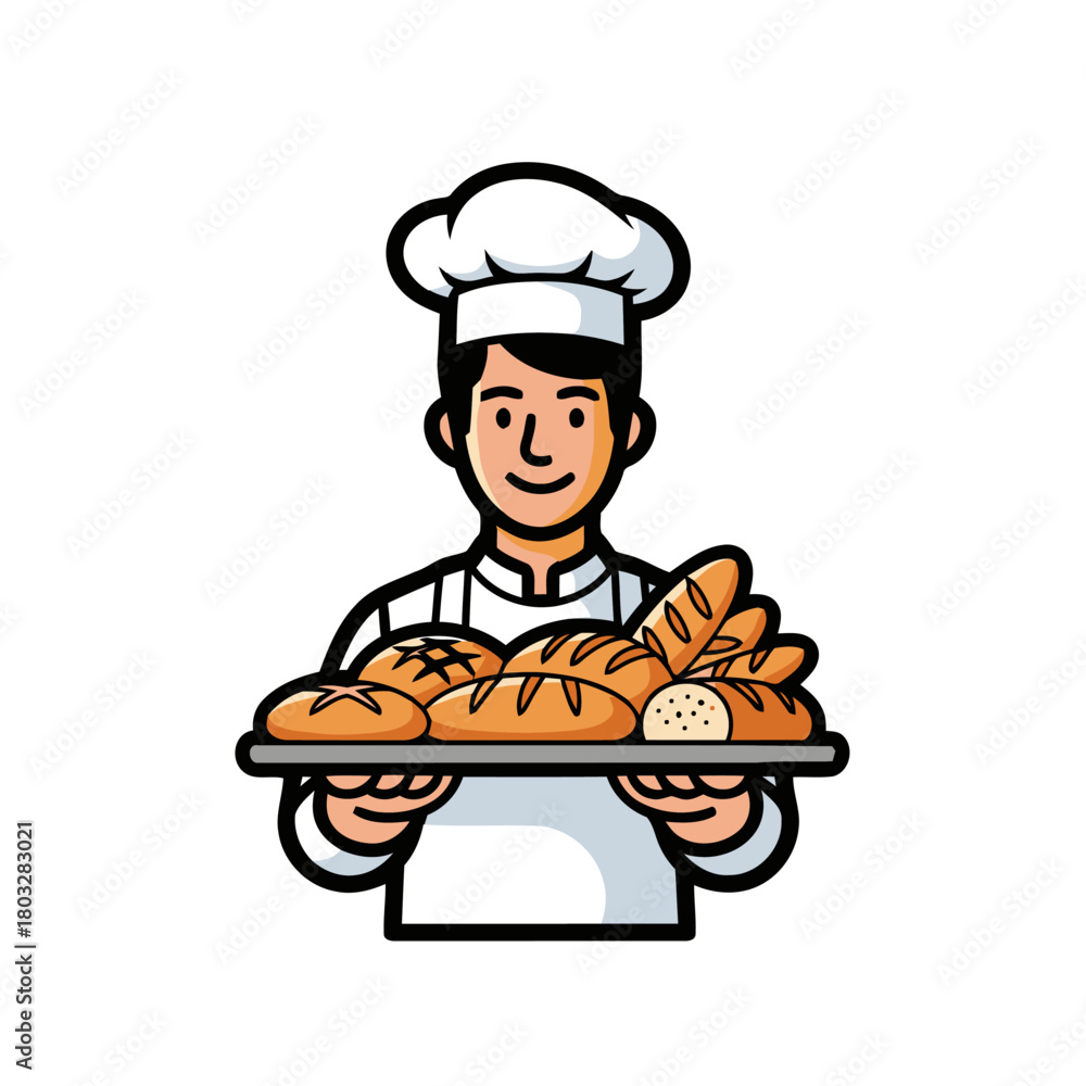 Cartoon baker with smile wearing chef hat and uniform, holding tray ...