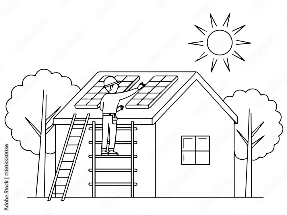 Vector a worker installing solar panels on a house roof with ladders ...