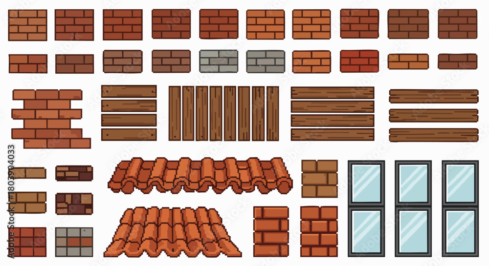 Retro pixel art building constructor elements game assets vector ...