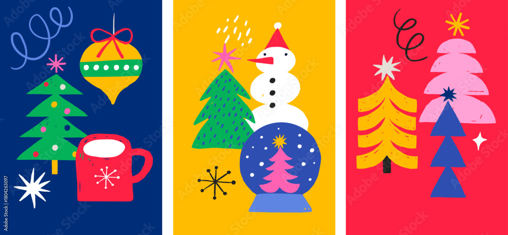 Retro geometric vertical Merry Christmas banner, winter poster and ...