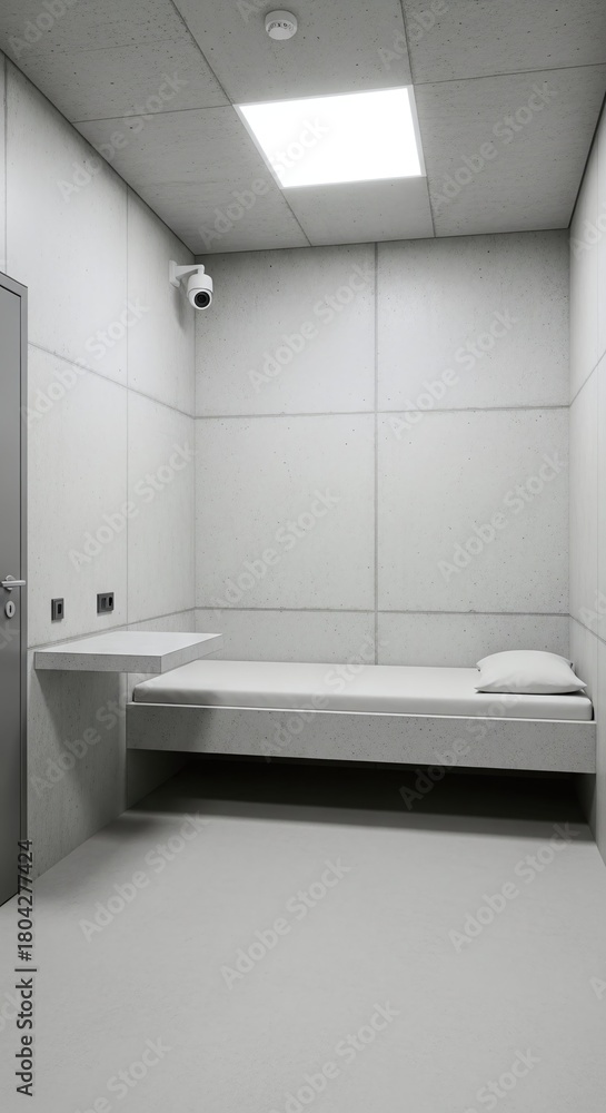 Minimalist prison cell or detention room with concrete walls and floor ...