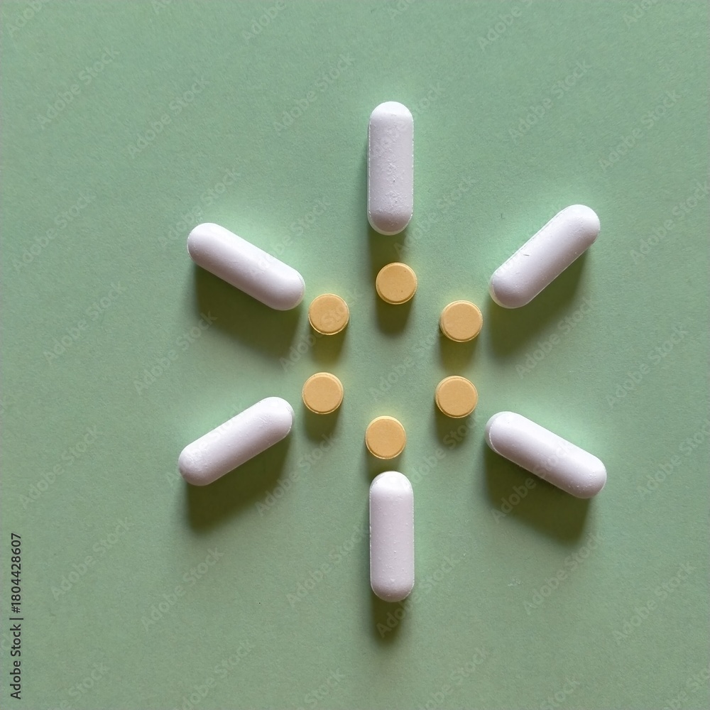 Pastillas médicas amarillas y blancas en forma de flor, en el centro ...