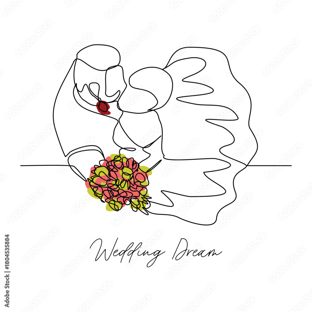 Continuous line sketch drawing of romantic wedding couple groom and ...