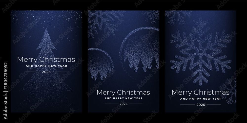 Three dark blue Christmas cards with dot art style winter elements for ...