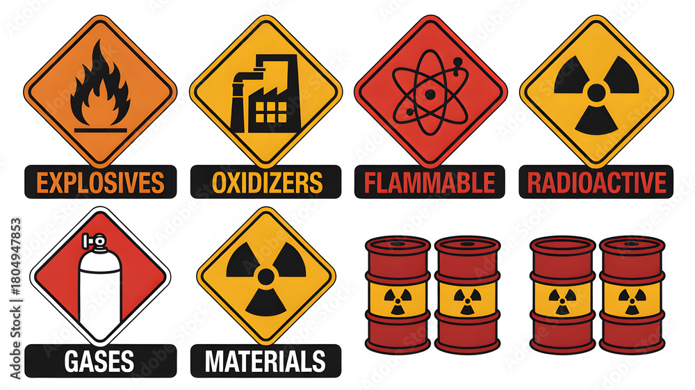 Cautionary hazard symbols for diverse industrial risks, including ...