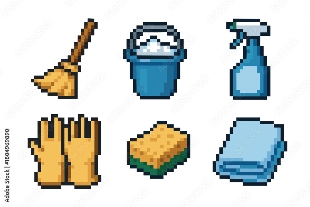 Set of pixel art icons featuring various cleaning supplies like a broom ...