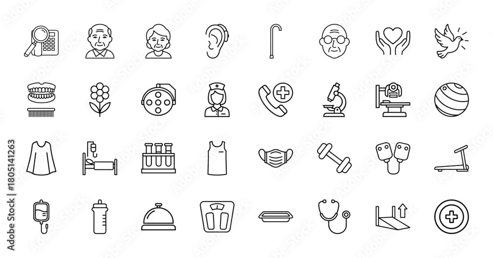 Senior care and medical support line icon set. Vector pictograms of ...