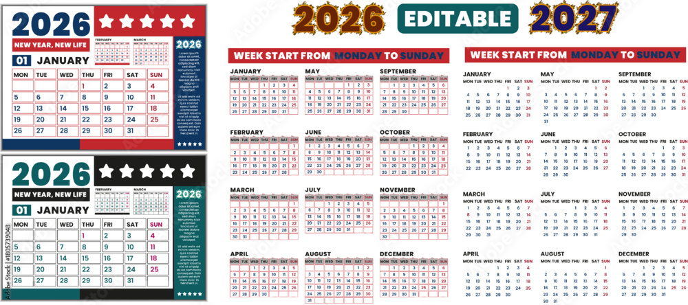 2026 and 2027 year editable vector English calendar design. Horizontal ...