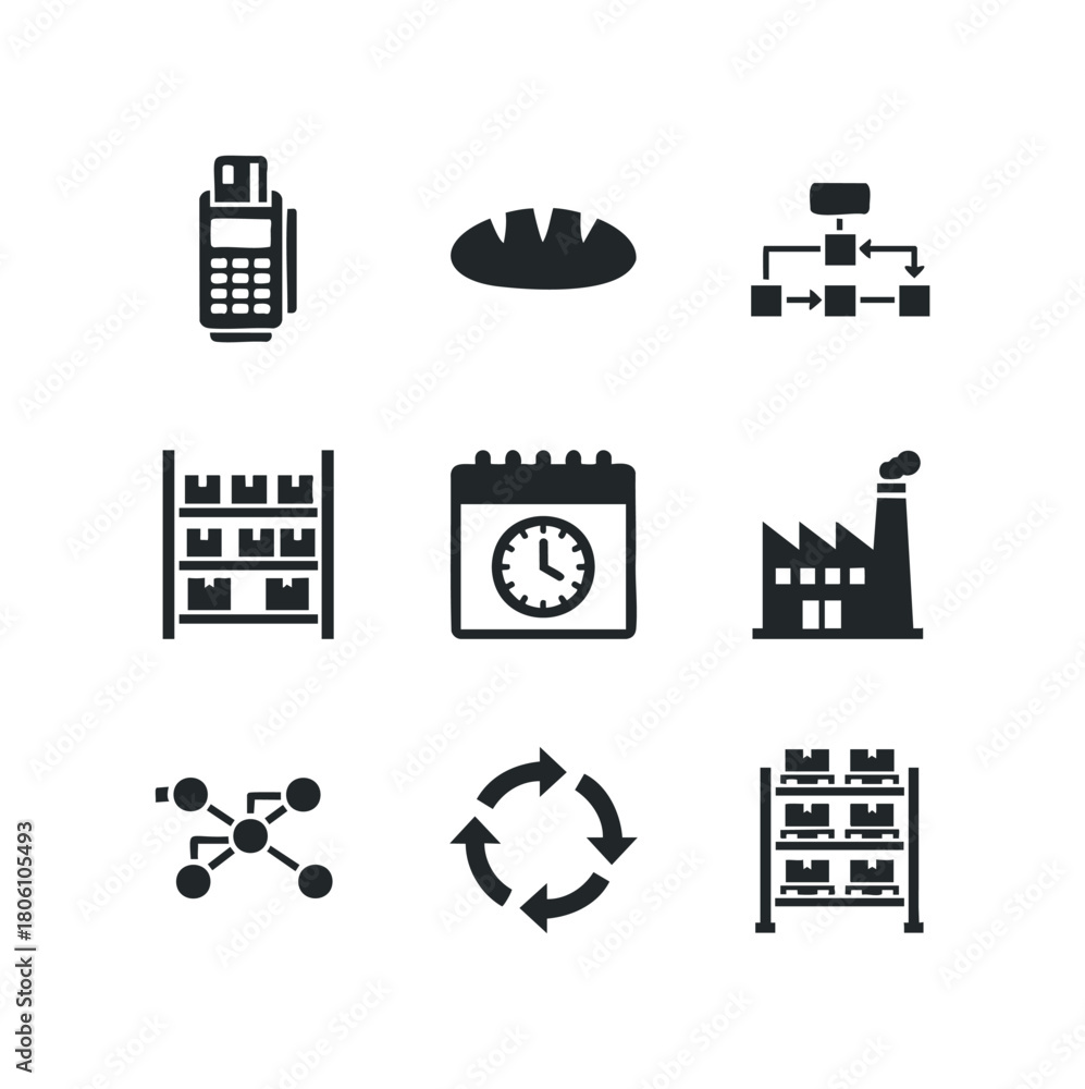 Collection of nine simple black icons representing business and ...