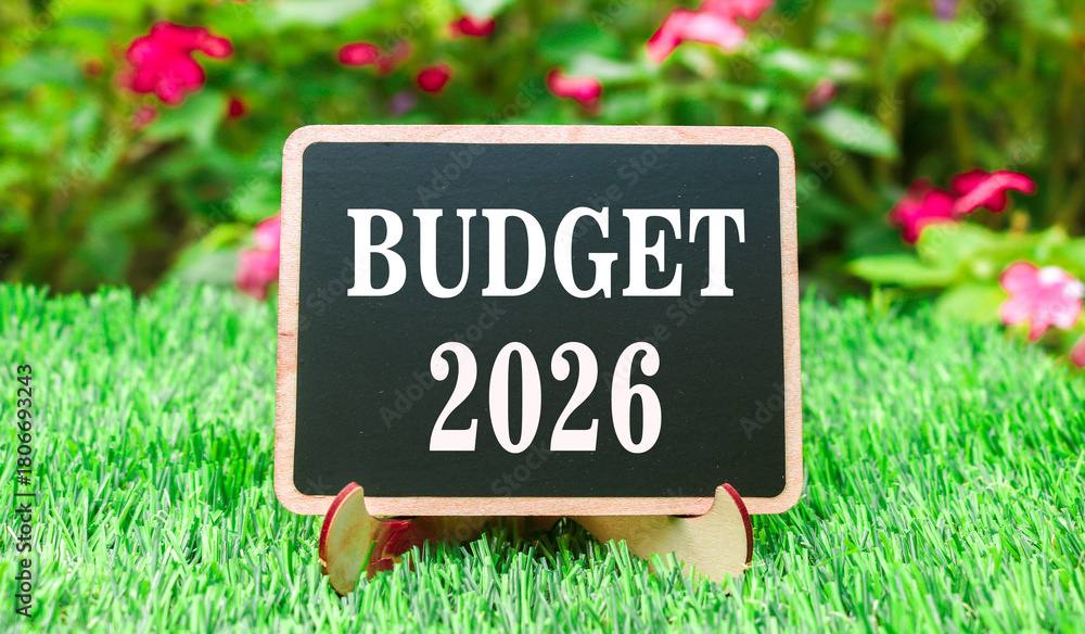 Budget 2026 on chalk blackboard on green grass with natural background ...