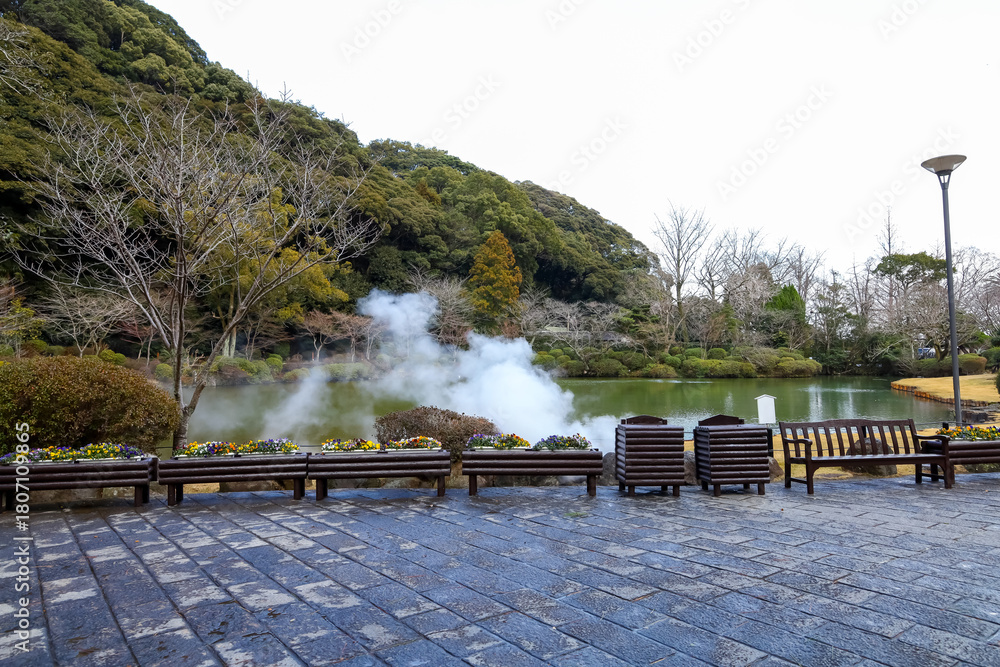 Umi Jigoku blue water hot spring. One of the eight hot springs is ...