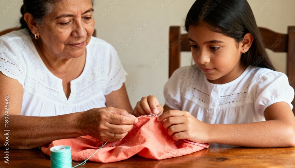 Caring Hispanic grandmother teaching her young granddaughter how to sew ...