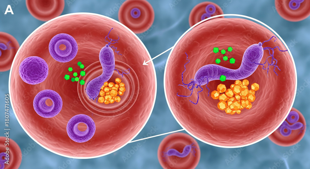 Illustration of a cell infected with bacteria, showing the infection ...