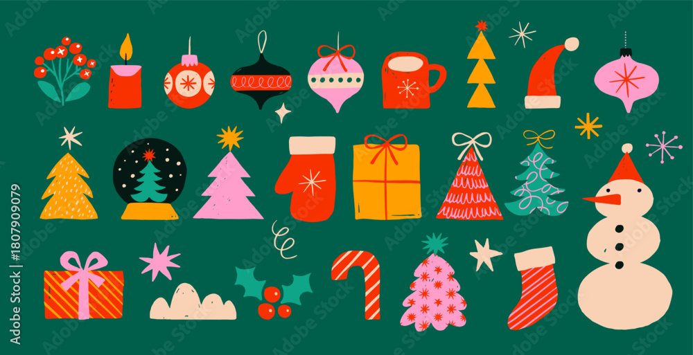 Colorful retro Christmas icons collection. Snowman, Christmas trees ...