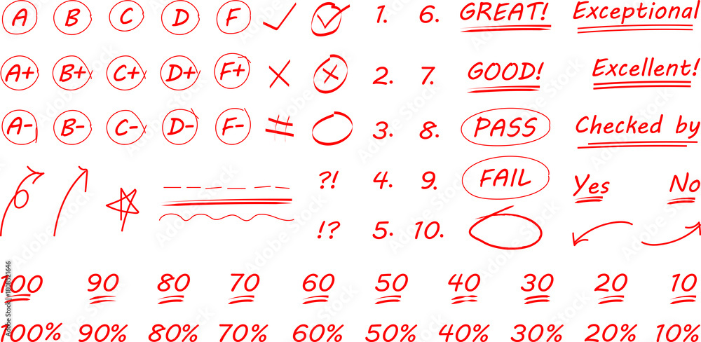 hand drawn red pen grades and numerical doodles, different signs of ...