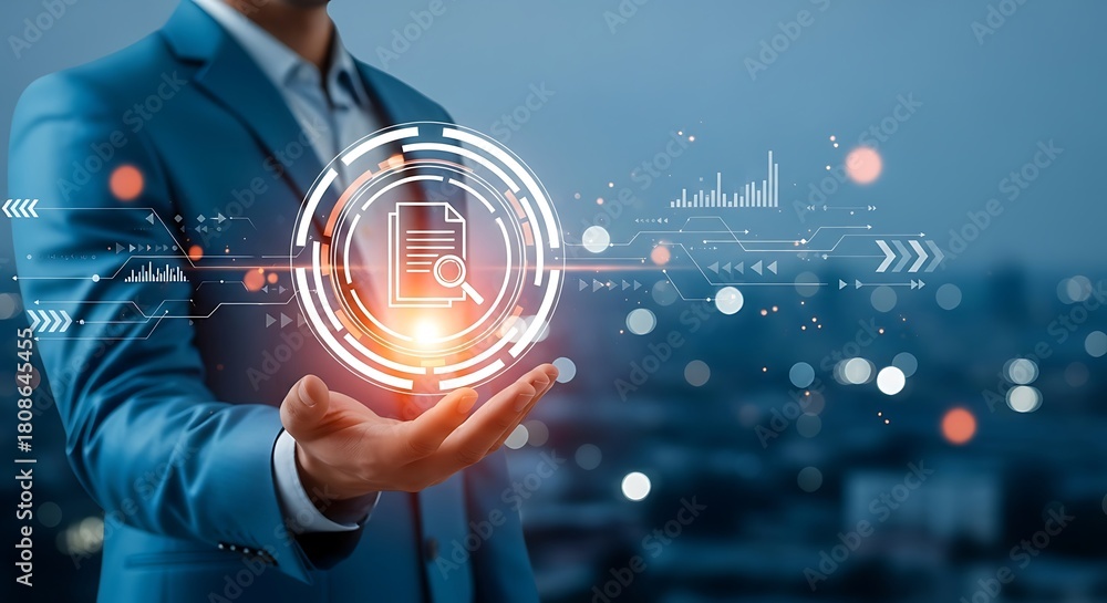 Man in suit presenting a digital document with magnifying glass and ...