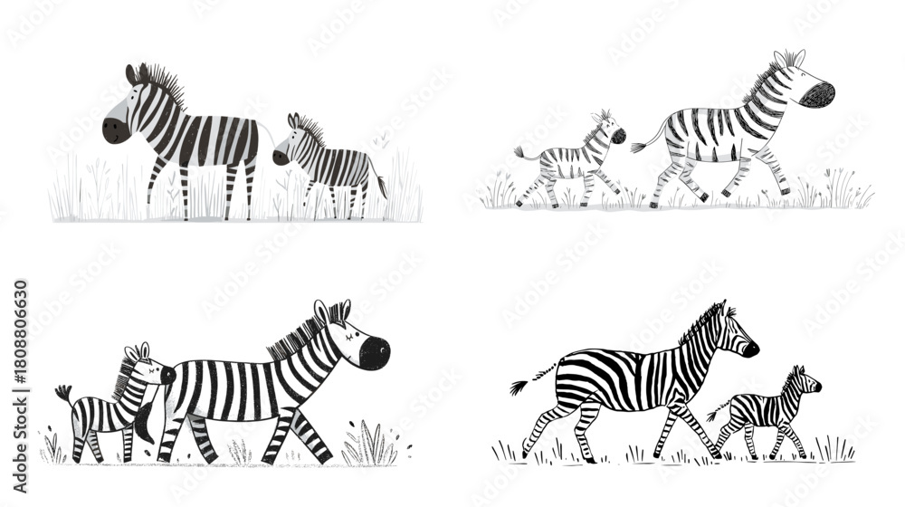 Monochrome zebra family illustrations showing parent and foal walking ...