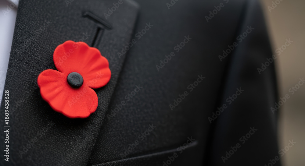 Stock-Foto „Remembrance Day tribute featuring red poppy on lapel of ...