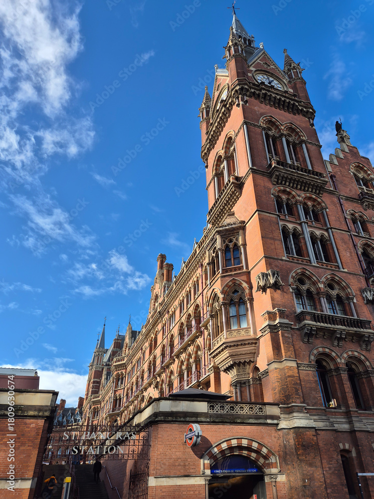 St Pancras International railway and underground station entrance, red ...