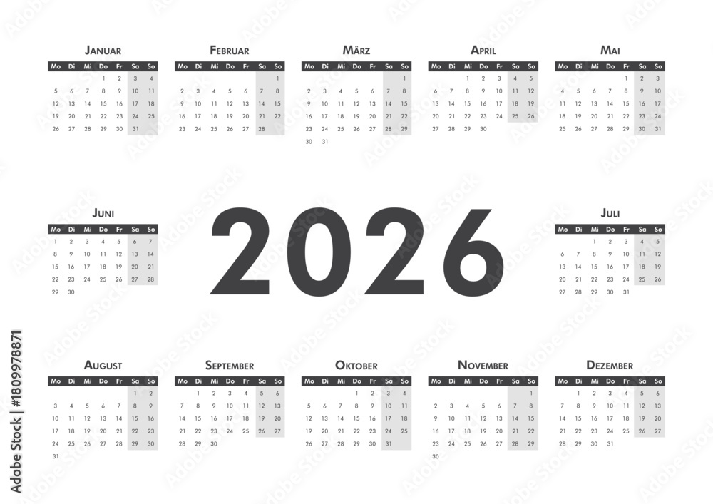 Black and white minimalist 2026 A4 horizontal German calendar, monthly ...
