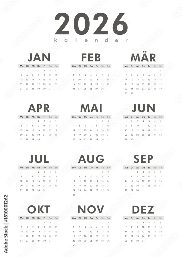 Black and white minimalist 2026 A4 vertical German calendar, monthly ...