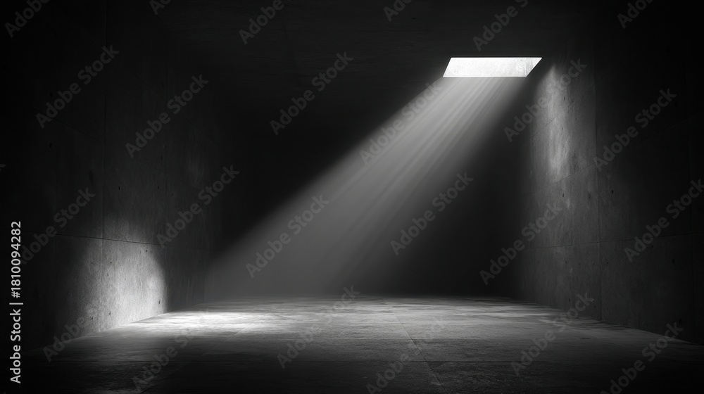 A beam of light shines into a dark bare room from a small opening ...