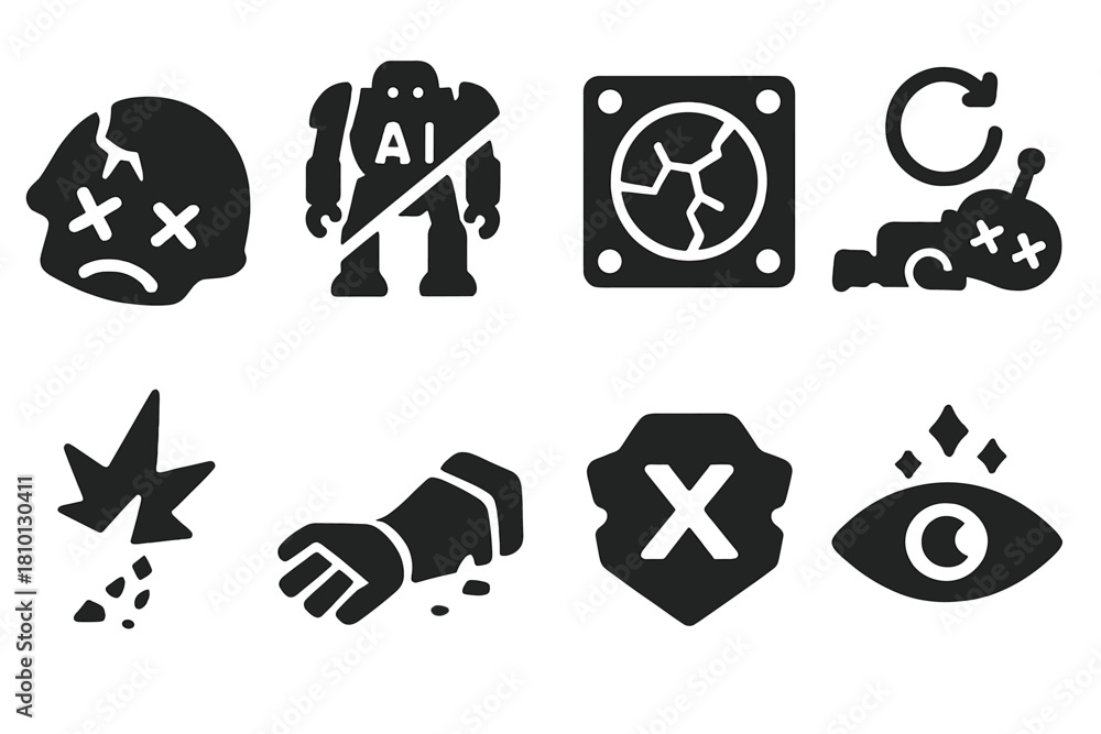 Defeated AI Icons. Solid style icons of defeated AI units: broken ...