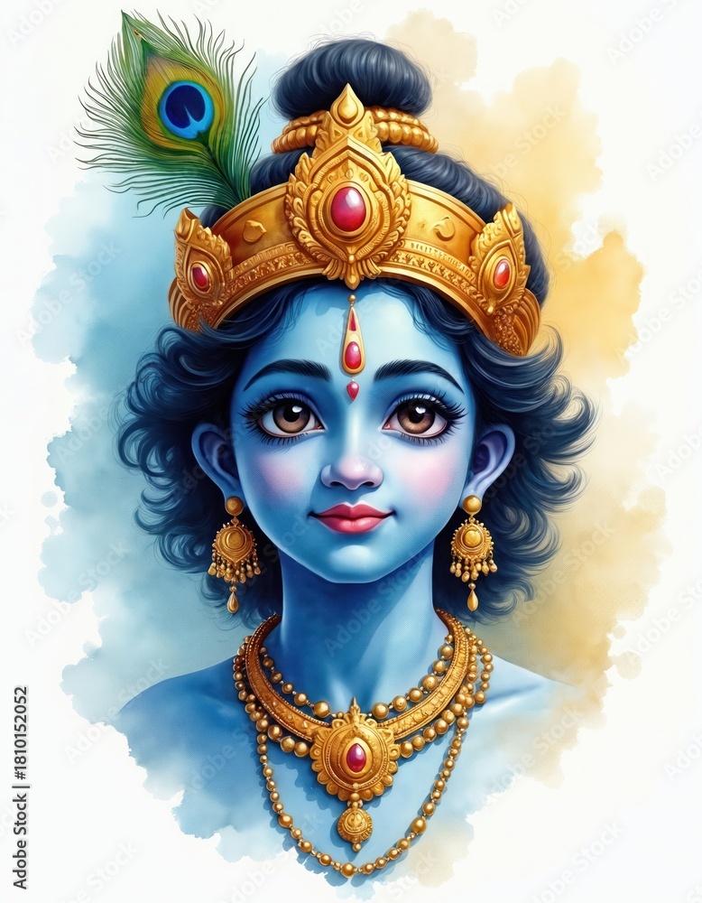 Watercolor portrait of Hindu god Krishna with blue skin. Young Lord ...