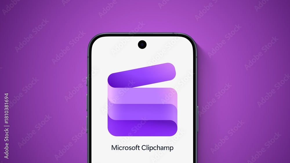 Clipchamp logo displayed on a modern smartphone, new 2025 logo, purple ...