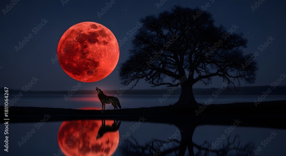 Zdjęcie bez tantiem: Sigma Wolf Howling at Red Moon – Dramatic Night ...