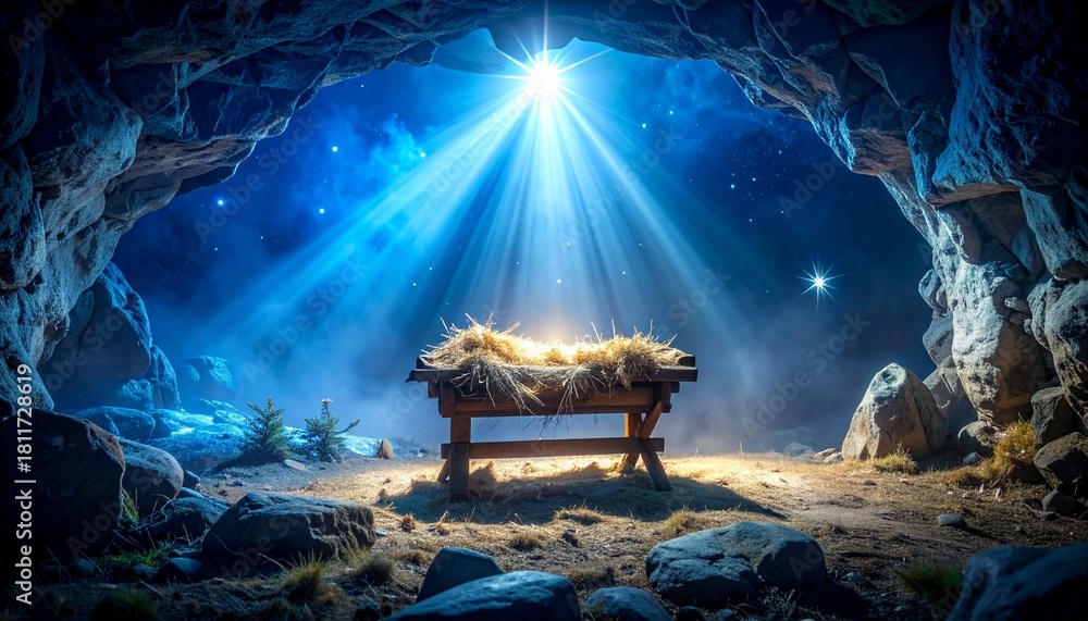 Inside the cave with empty wooden manger. Birth of Jesus Christ. Stock ...