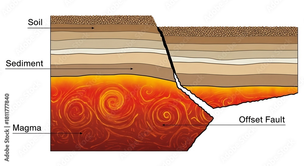 Diagram of an offset fault line showing the different layers of soil ...