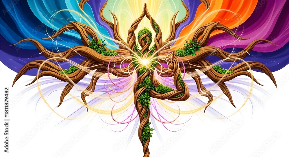 Tree figure in yoga pose with rainbow aura radiating light and energy ...