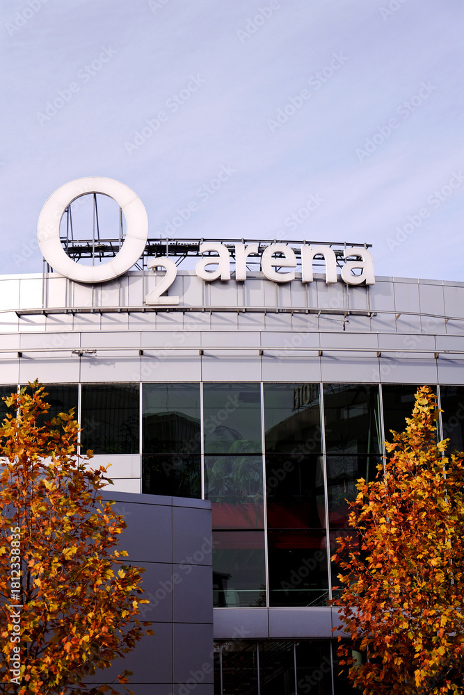 Daylight exterior of the O2 Arena multi-purpose building with logo on ...