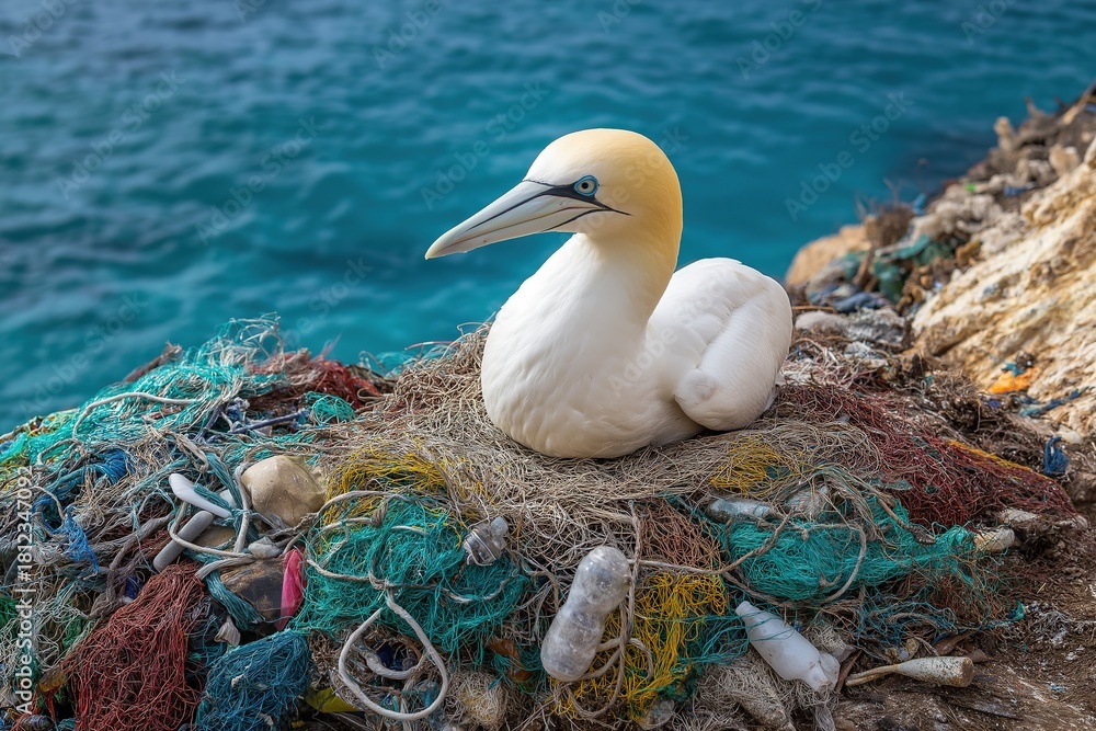 Seabird nesting on an island edge using colorful plastic waste and ...