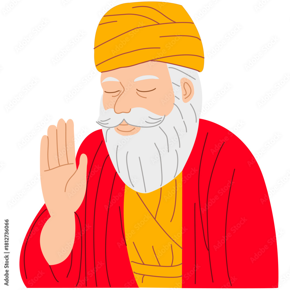 line art illustration depicting a revered figure, Guru Nanak Dev Ji ...